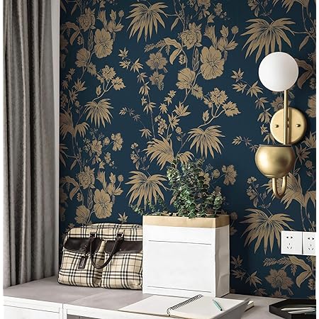 Amazon.com: Safiyya Contact Paper Floral Wallpaper Gold and Blue Peel ...