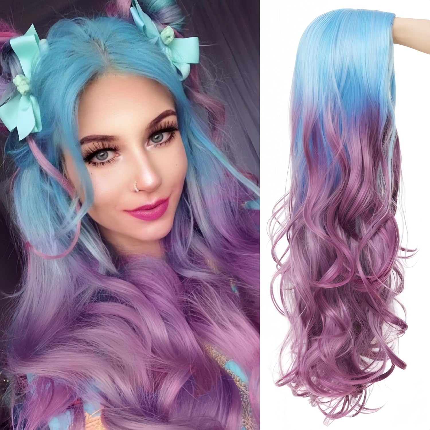 Amazon.com: Kaneles Long Curly Wave Ombre Purple Wig for Women Blue To ...