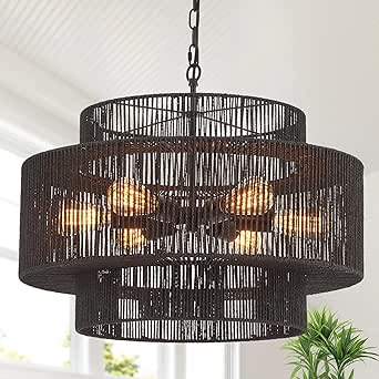Widluth Hand-Woven Rattan Chandelier Vintage 6-Light Farmhouse Boho ...