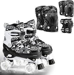 Amazon.com : Kids Youth Adjustable Roller Skates with Knee Pads Set ...