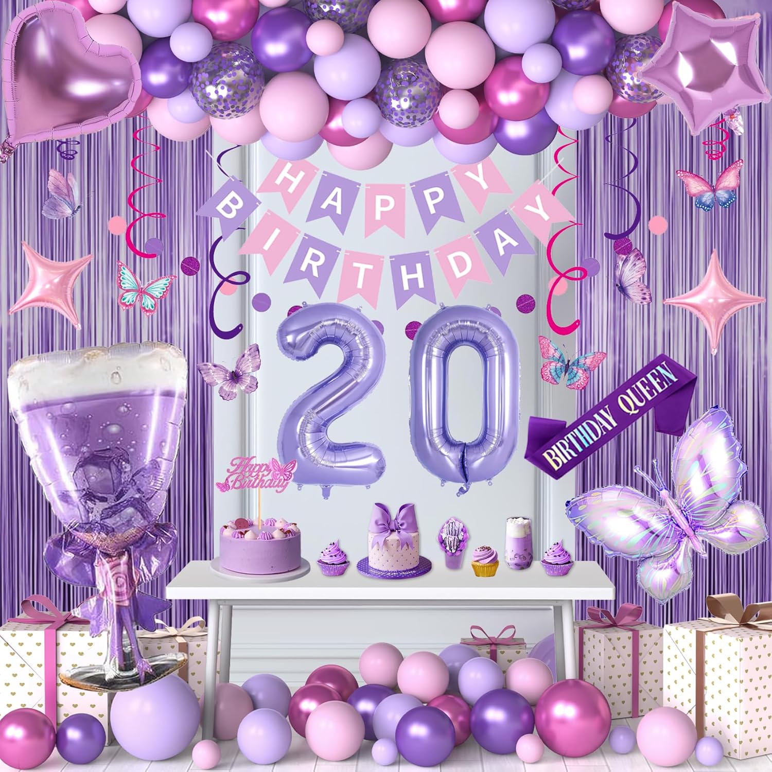 Amazon.com: 20th Purple Birthday Decorations, Pink Purple 20th Birthday ...