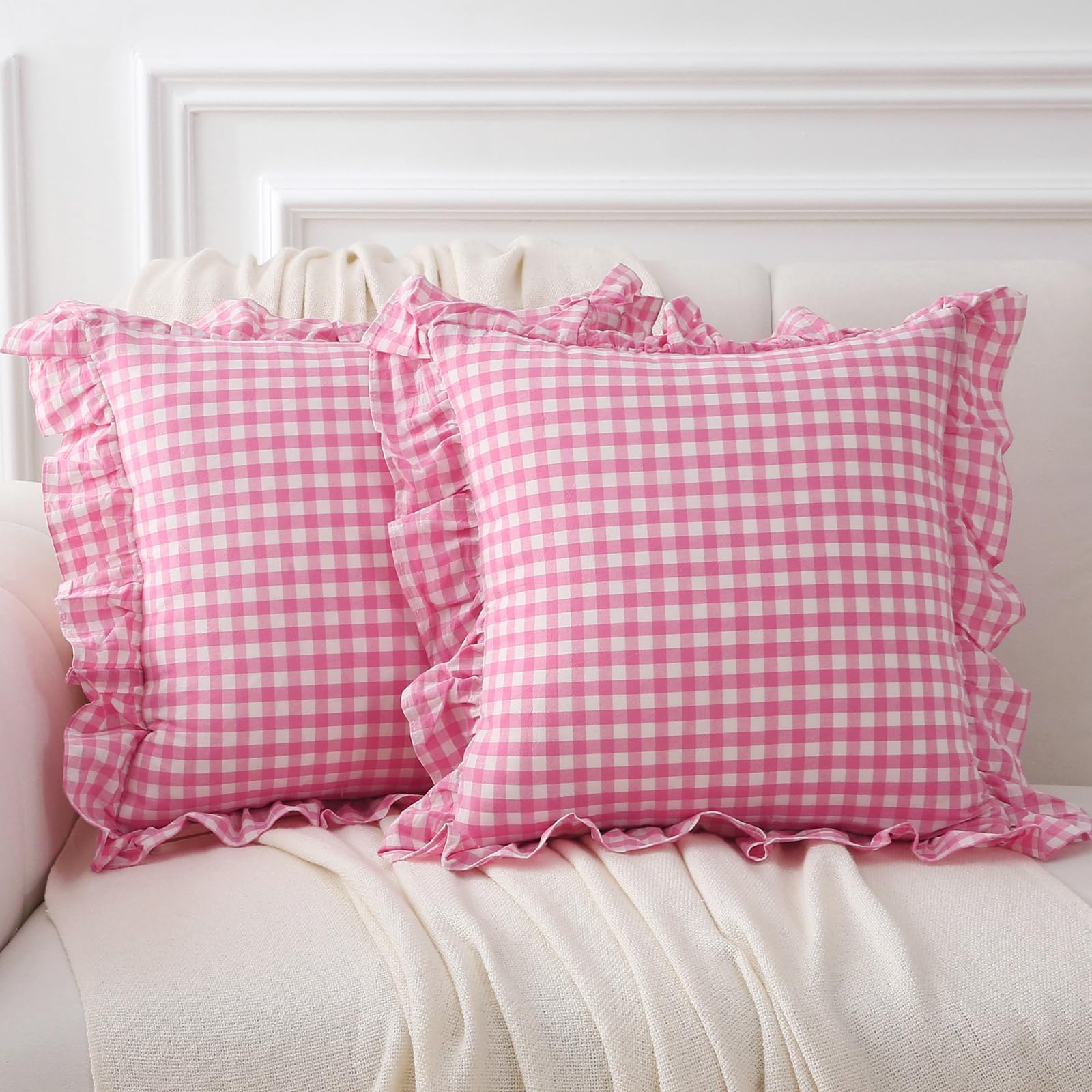 Amazon.com: K MASANIJI 2 Pack Pink White Plaid Ruffle Gingham Throw ...