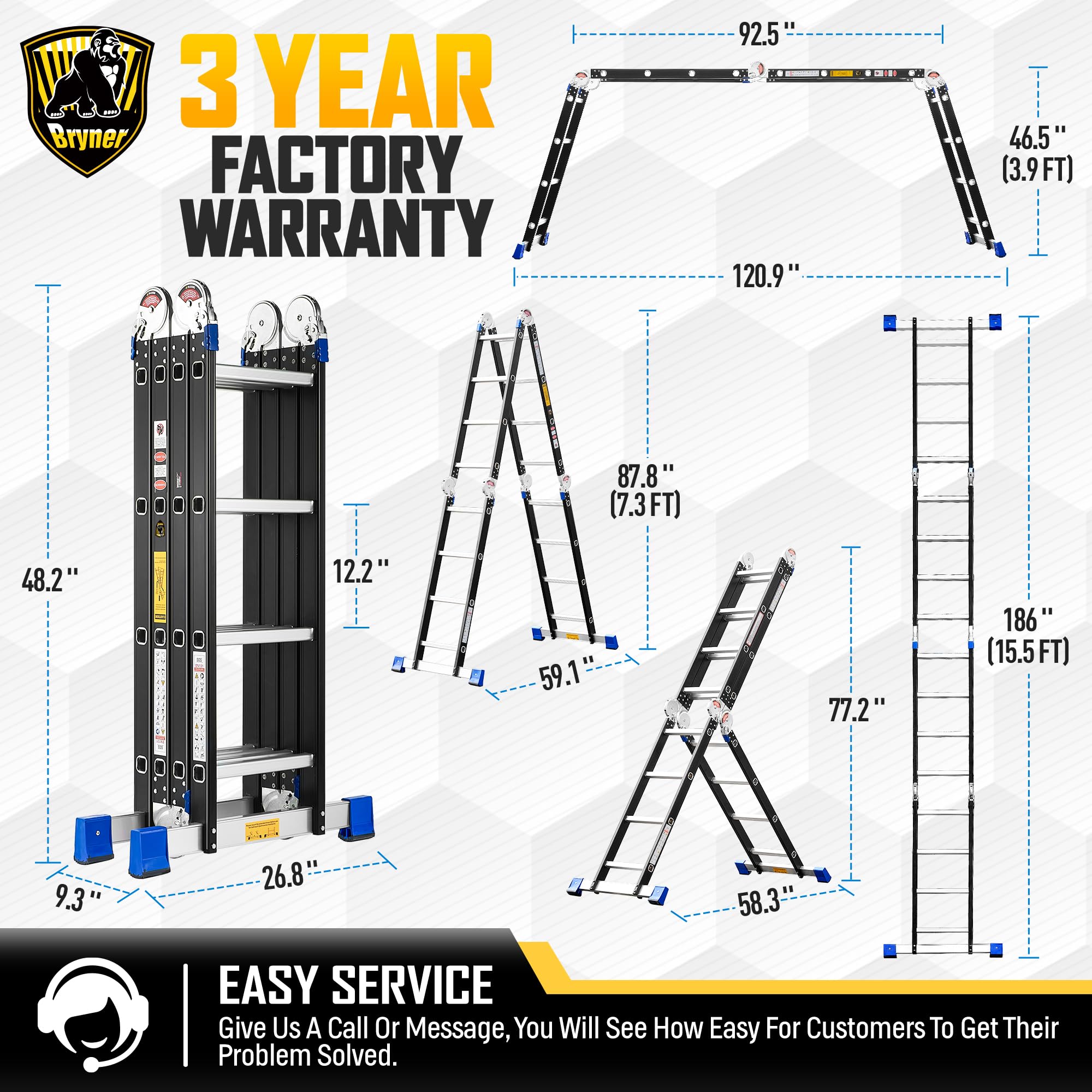 Bryner Ladder 7 in 1 Multi-Purpose Ladder Aluminium Extension Ladder 15 ...