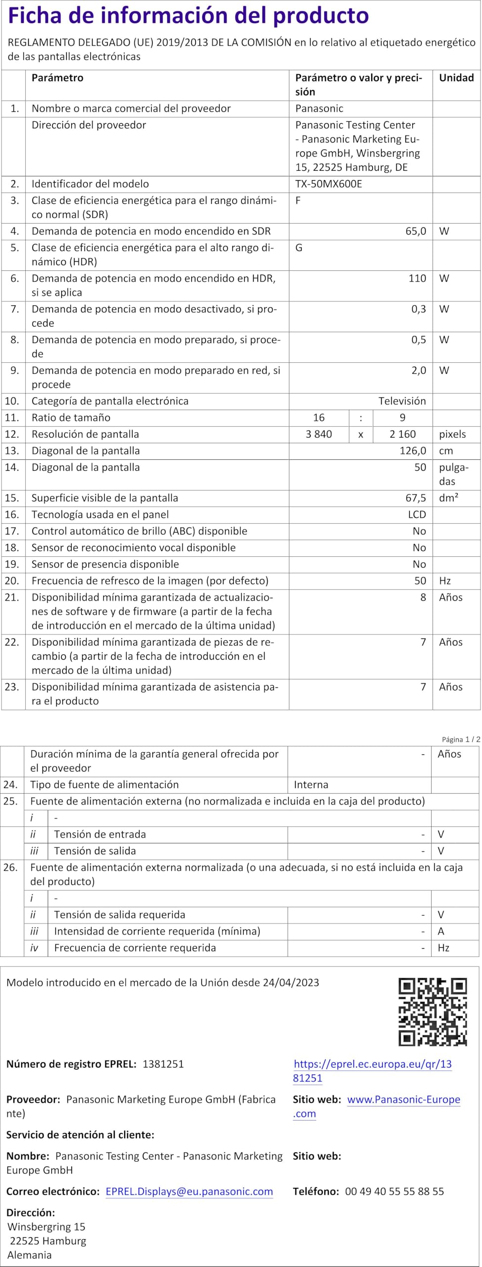 Panasonic TX-50MX600E, Smart TV LED 4K Ultra HD de 50 Pulgadas, Alto ...