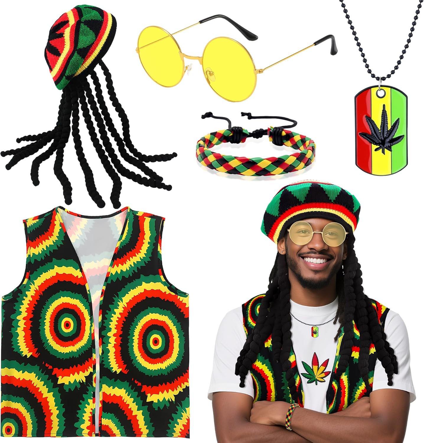 Bryndo 5 Pcs Reggae Fancy Dress Costume Accessories, Jamaican Rasta ...