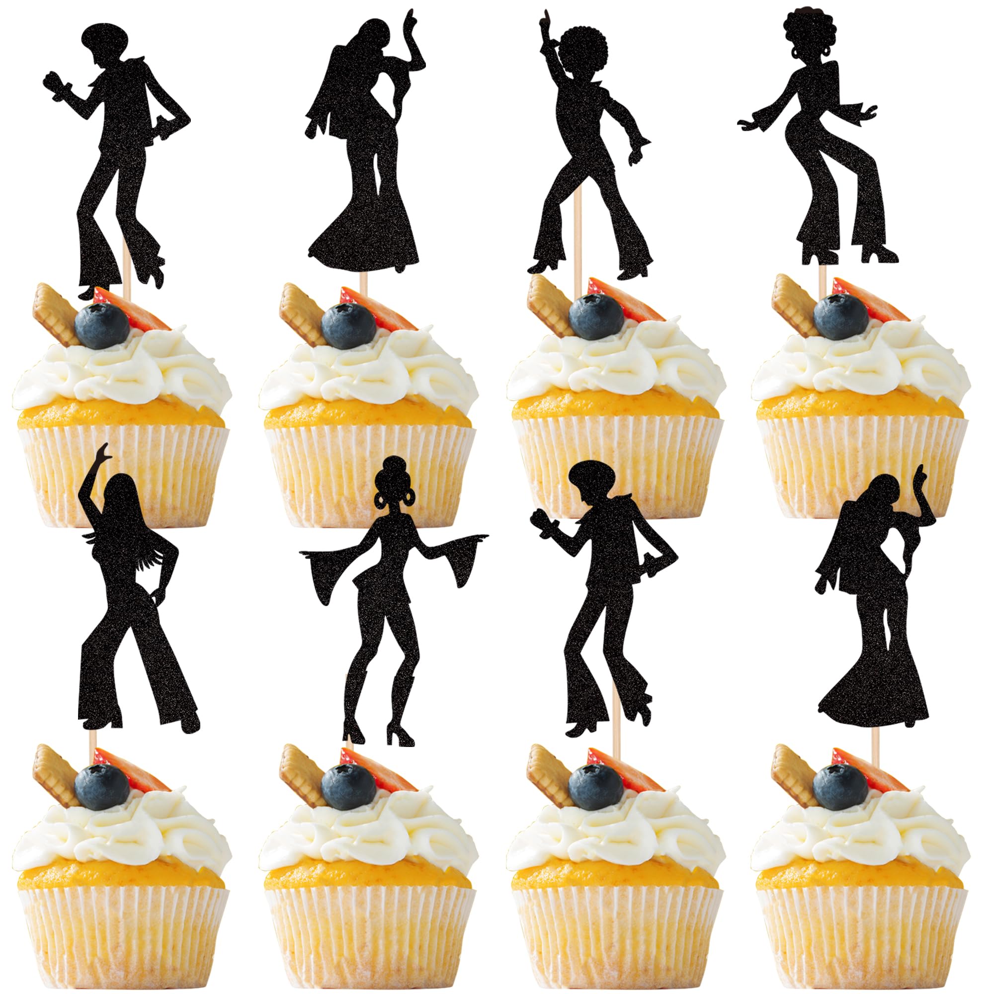 Amazon.com: 24 PCS 70's Disco Cupcake Toppers Black Glitter 70s Disco ...