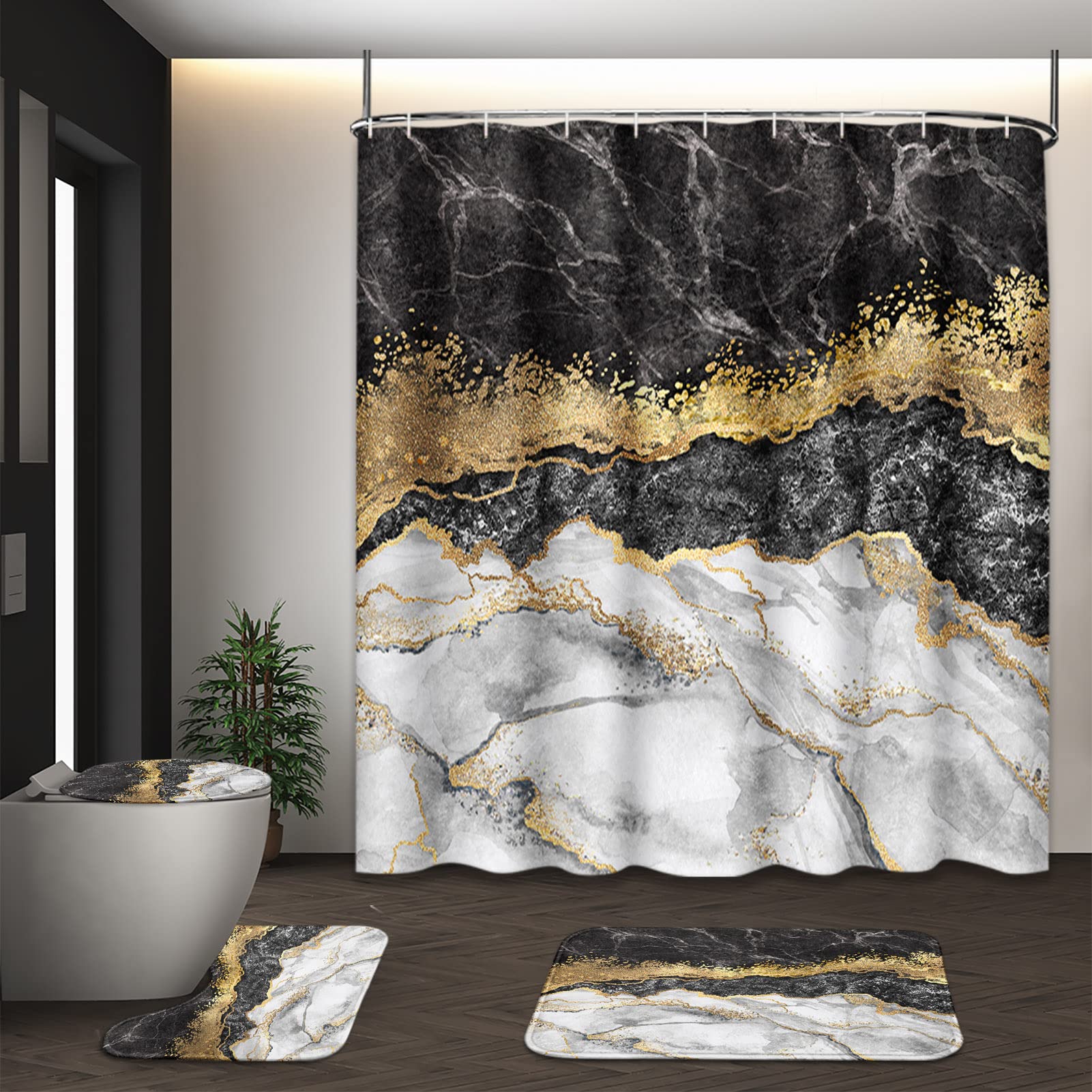 Black Marble Shower Curtain Set with Toilet Lid Cover and Non-Slip Rugs for Bathroom, Gold White ...