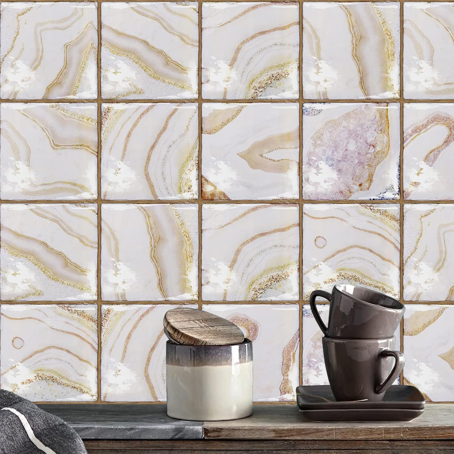 LAUMOE Stylish Tile Stickers 15x15 Cm Beige Gold Stick on Tiles Kitchen ...