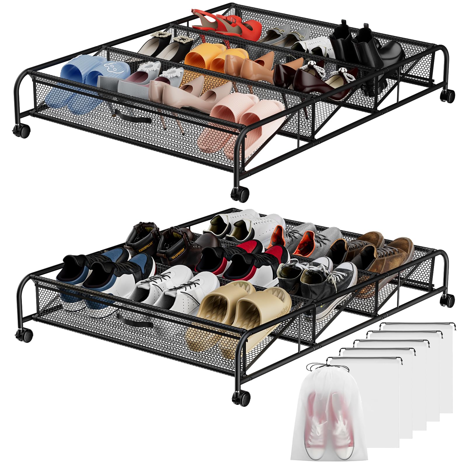 Amazon.com: Under Bed Shoe Storage with Wheels, 2 Pack Rolling Shoe ...