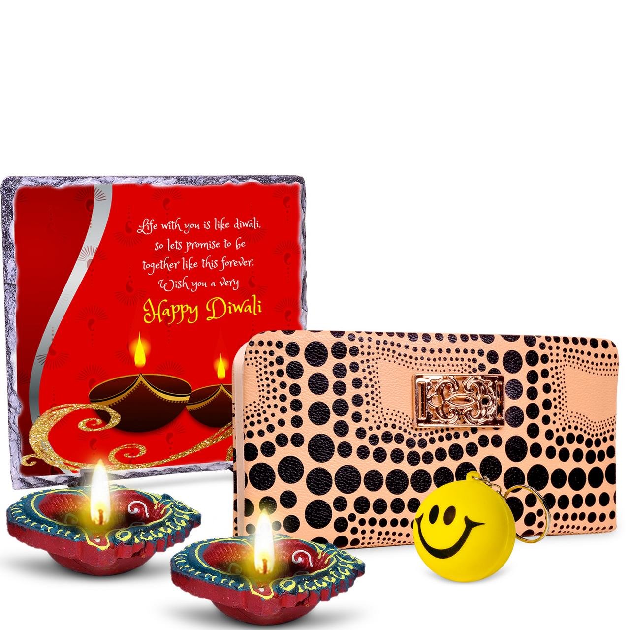 Happy Diwali 2 Diyas, Ladies Wallet, Smiley Keychain, Rock Tile Frame ...