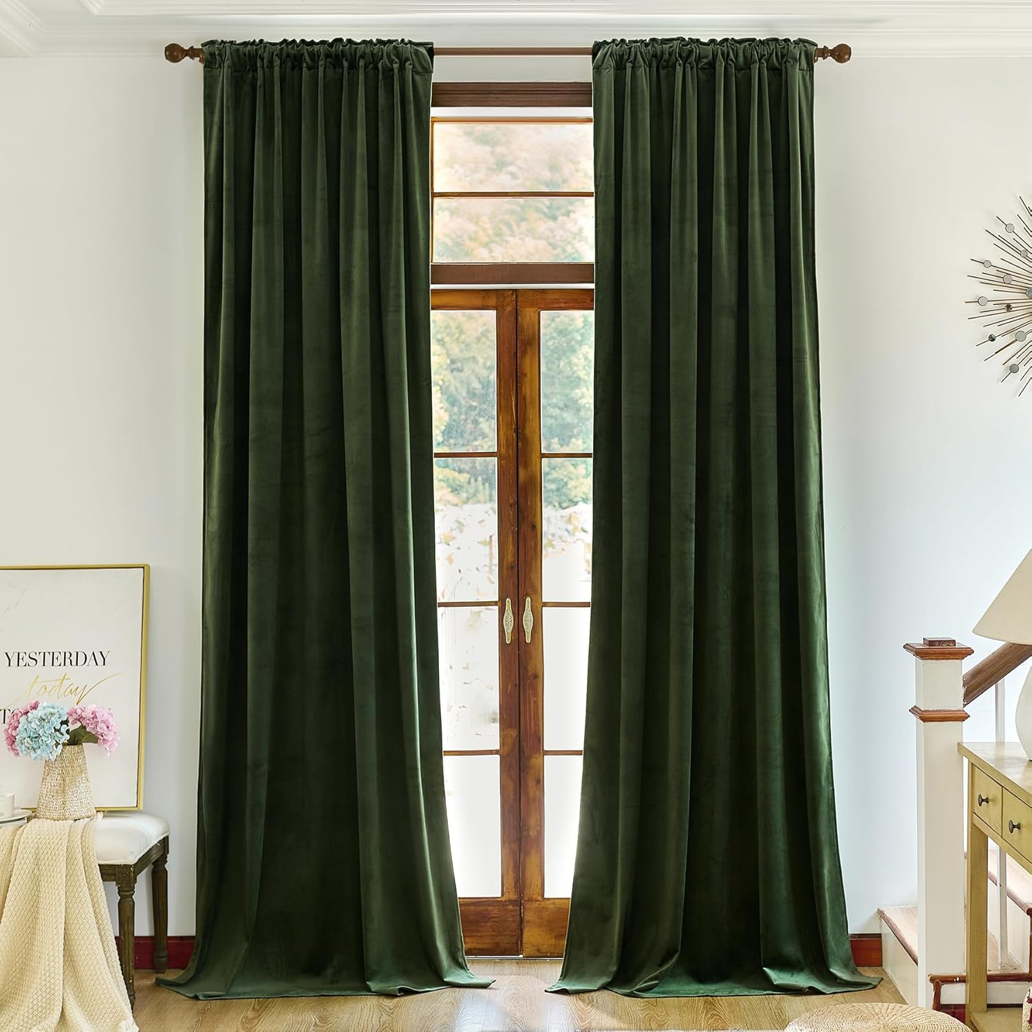 Amazon.com: Nemia Olive Green Velvet Curtains for Bedroom Window, Rod ...