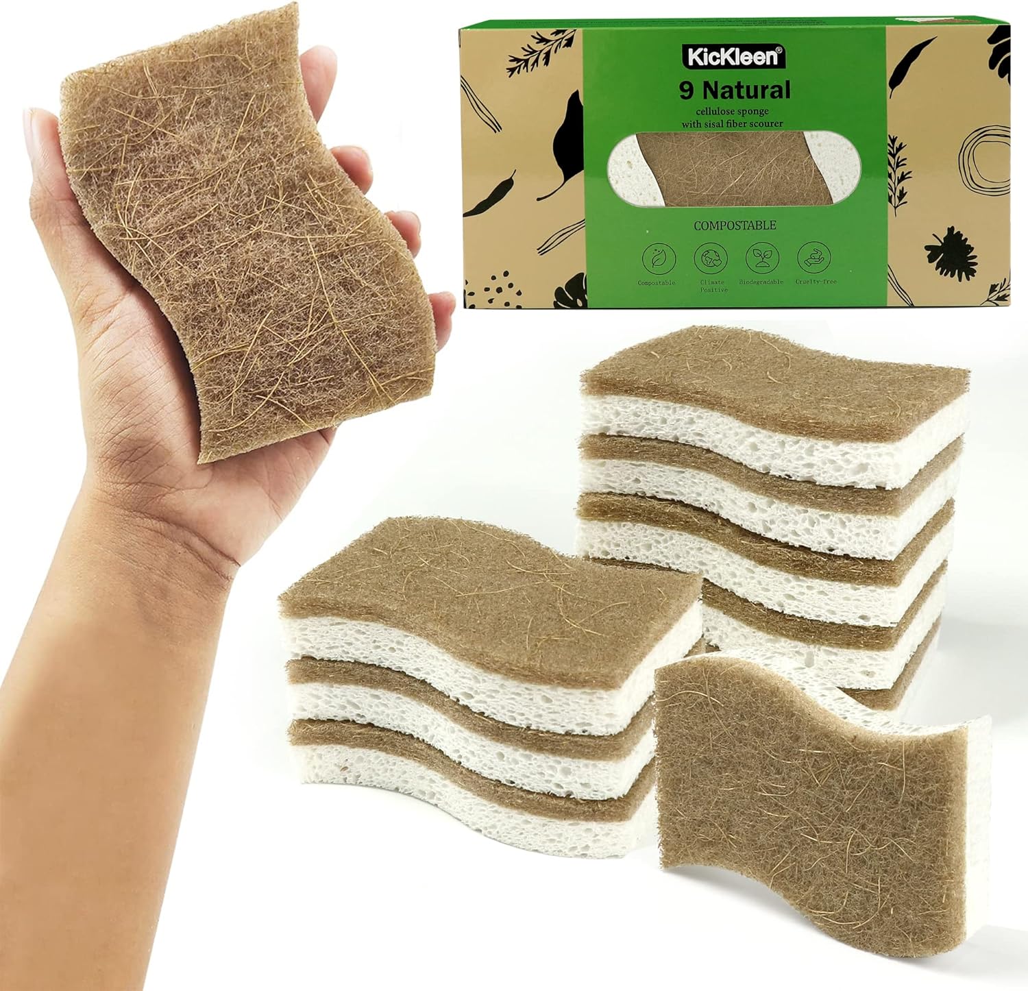 Amazon.com: KICKLEEN 9 Pack Biodegradable Natural Kitchen Sponge ...