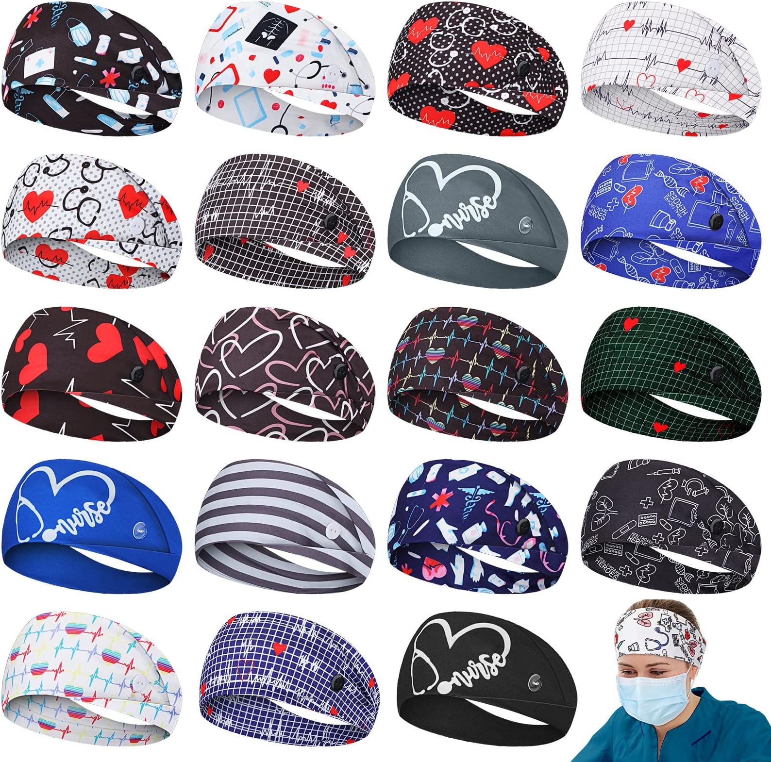 Amazon.com : Jexine 20 Pcs Nursing Headbands with Buttons Wide Elastic ...