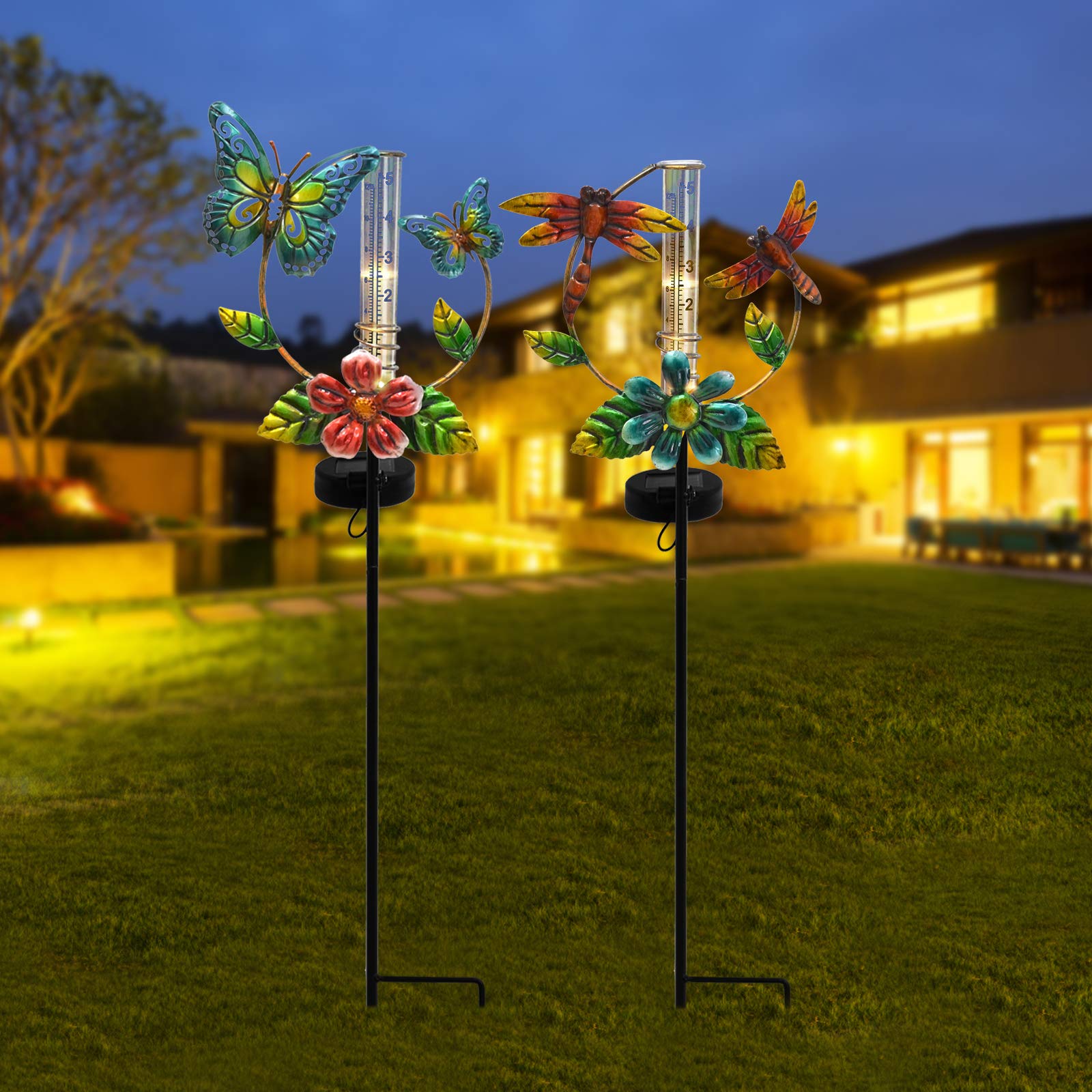 Snapklik.com : ALLADINBOX 2 Set 315inch Solar Powered Metal Rain Gauge Butterfly And Dragonfly