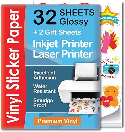 Premium Printable Vinyl Sticker Paper - 32 Sheets - Glossy A4 ...