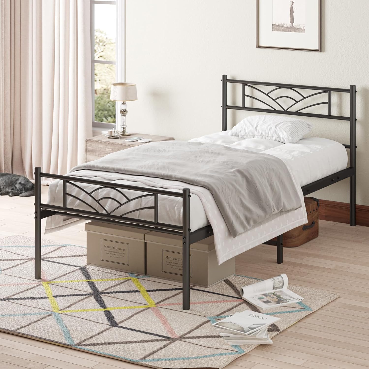 Panana Single Bed Frames with Headboard 3ft Black Metal Single Bed ...