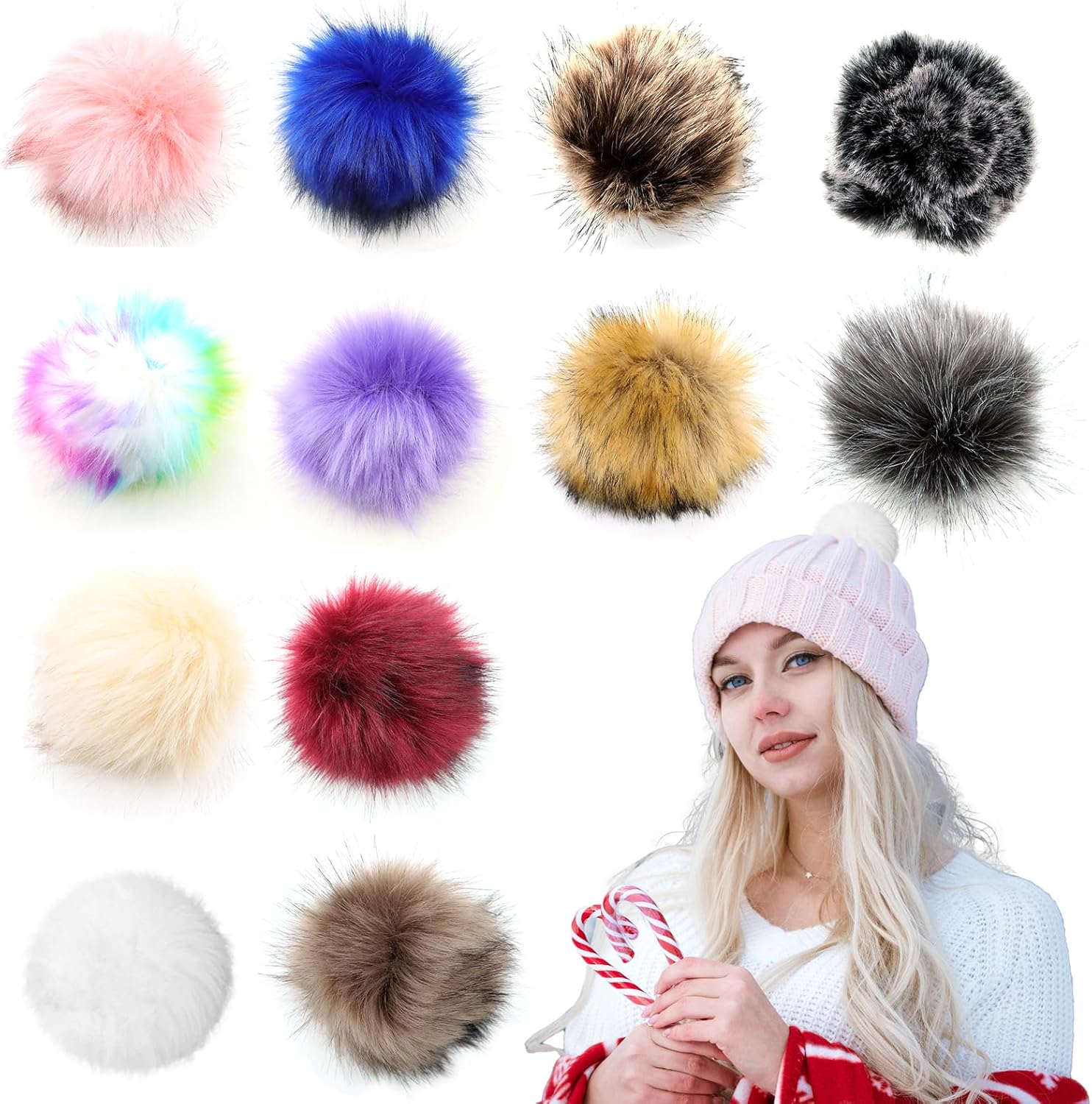 Amazon.com: Scettar 12 Pcs Faux Fur Pom Poms for Hats, 6 Inch Pompoms ...