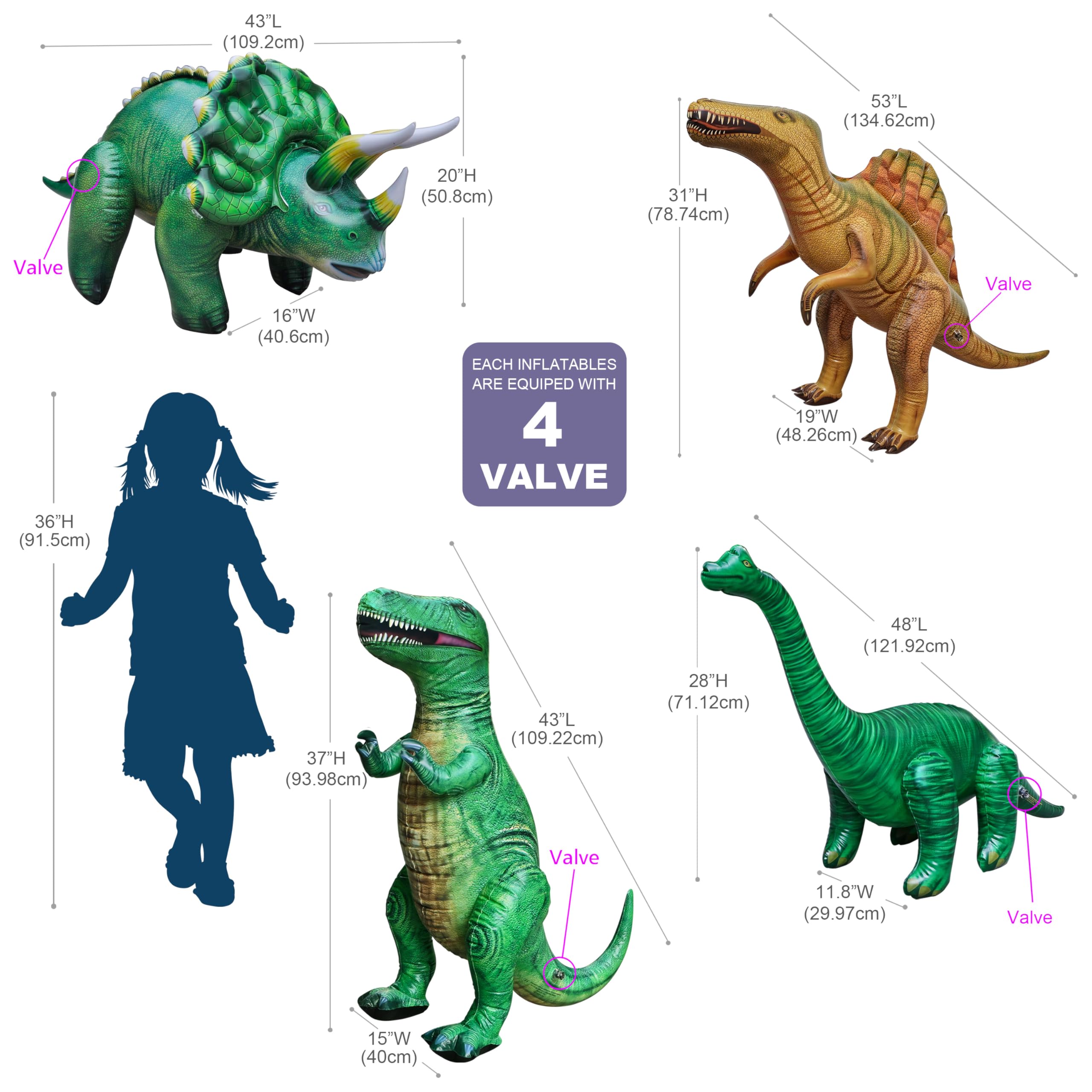 Snapklik.com : 4-pk Inflatable Dinosaurs Combo, T-rex Brachiosaurus ...
