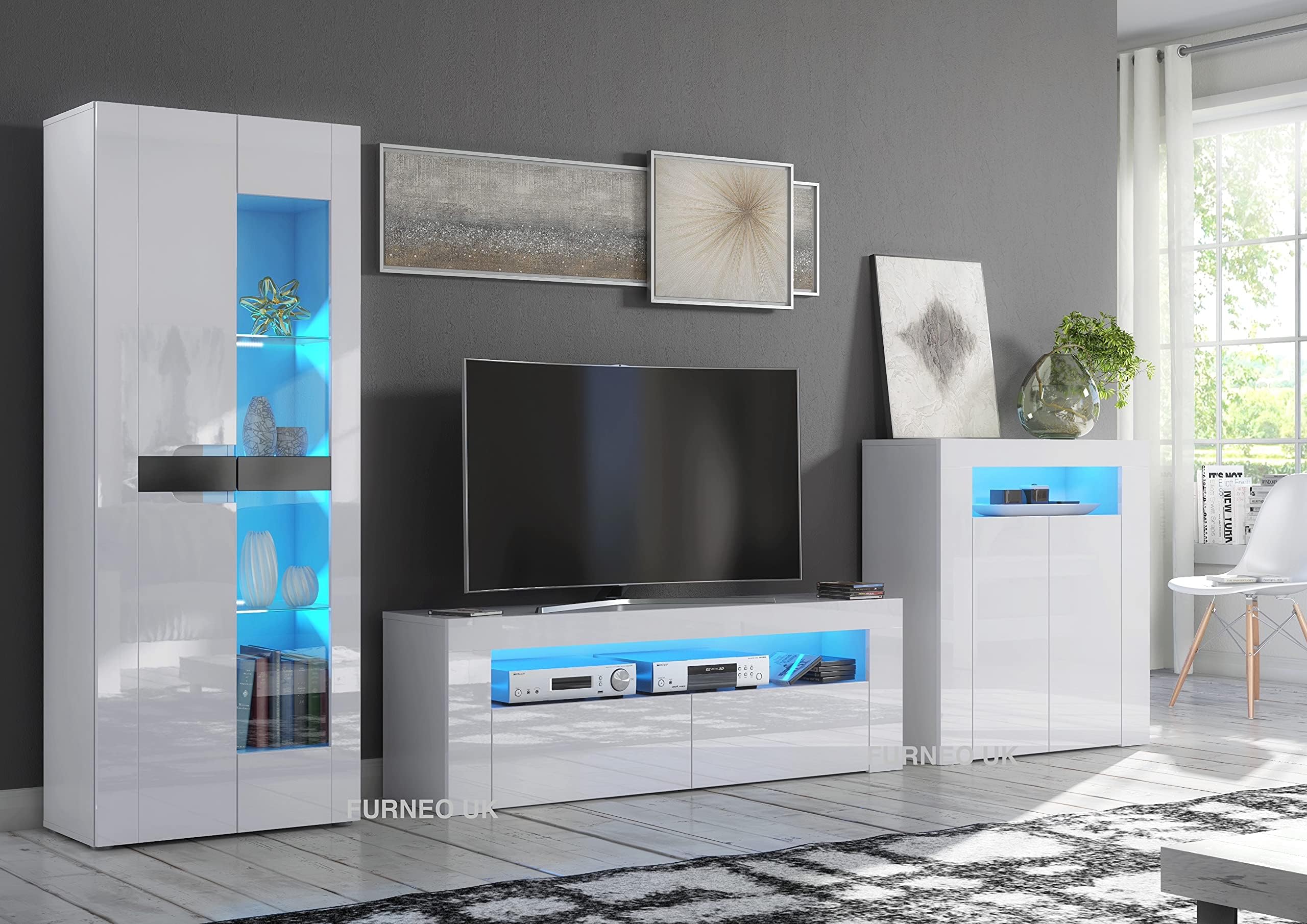 Furneo High Gloss & Matt White Living Room Set TV Stand Display ...