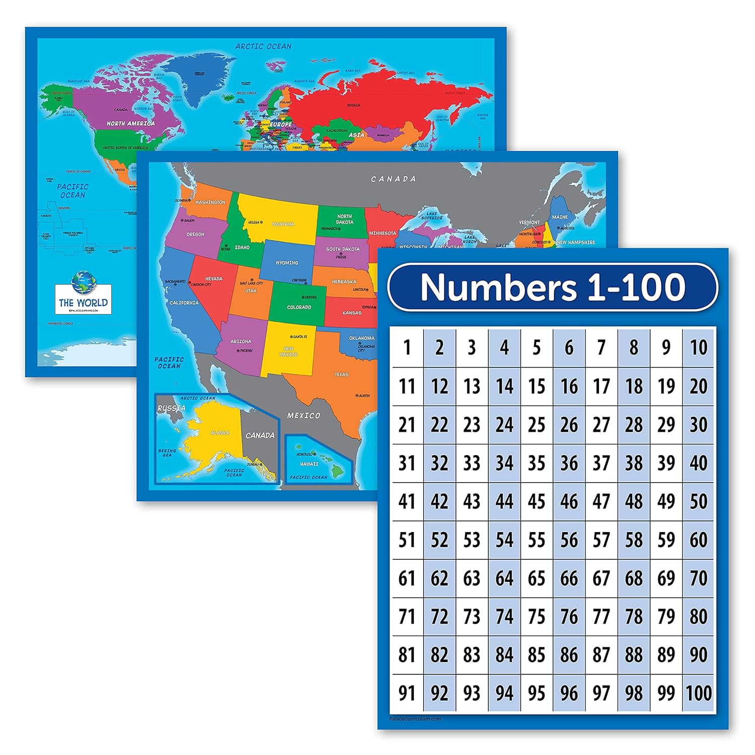 Educational Map Posters for Kids - World, USA, Numbers 1-100 ...