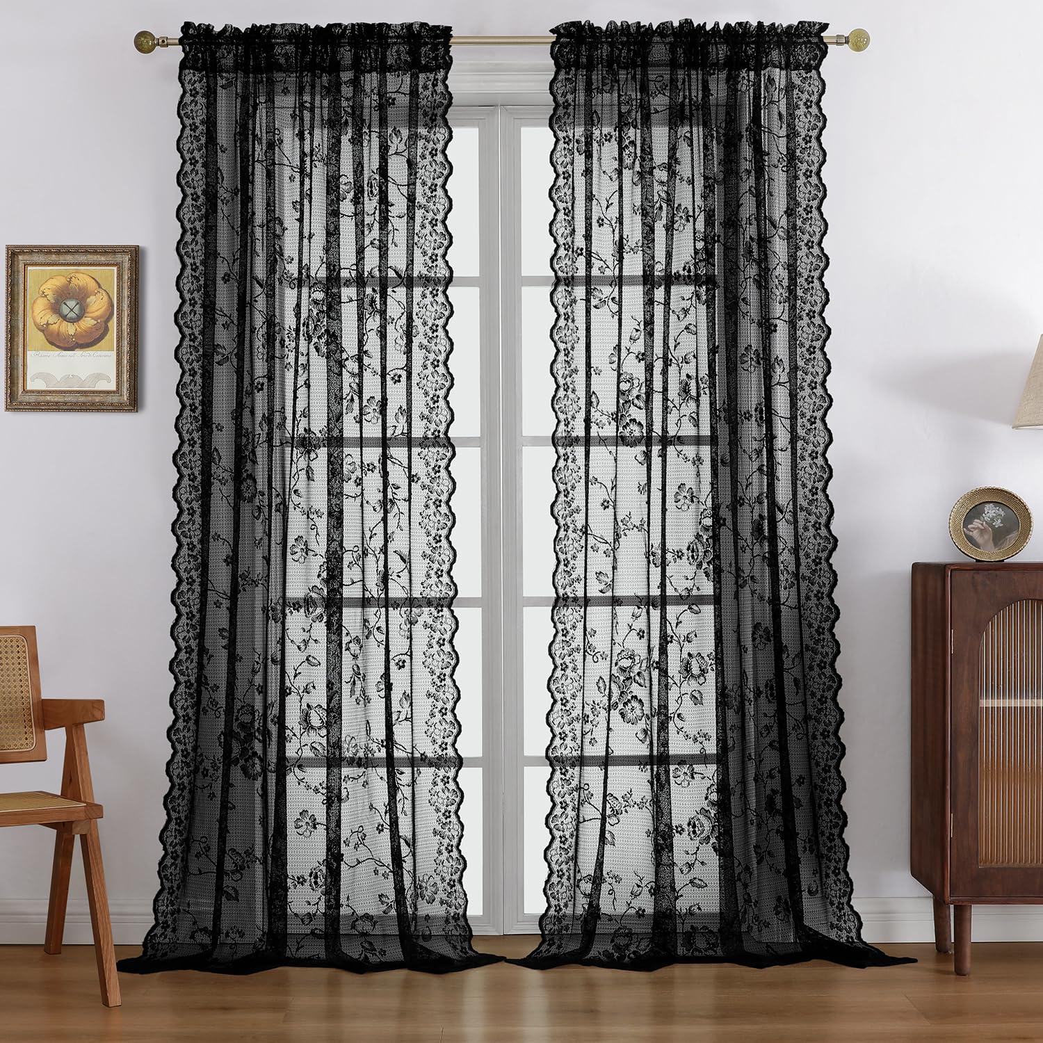 Amazon.com: HOMEIDEAS Black Vintage Sheer Lace Curtains for Bedroom ...