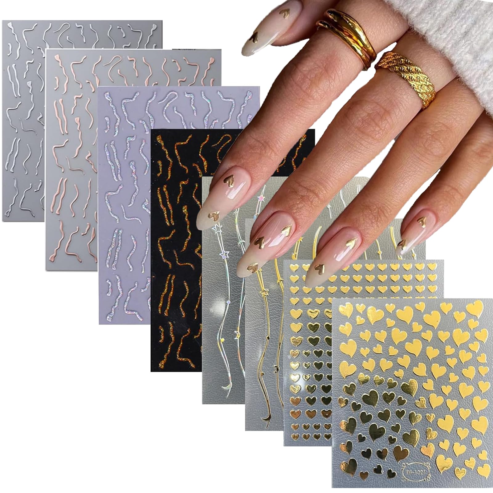 Amazon.com: 8 Sheets Irregular Line Nail Art Stickers Gold Heart Nail ...