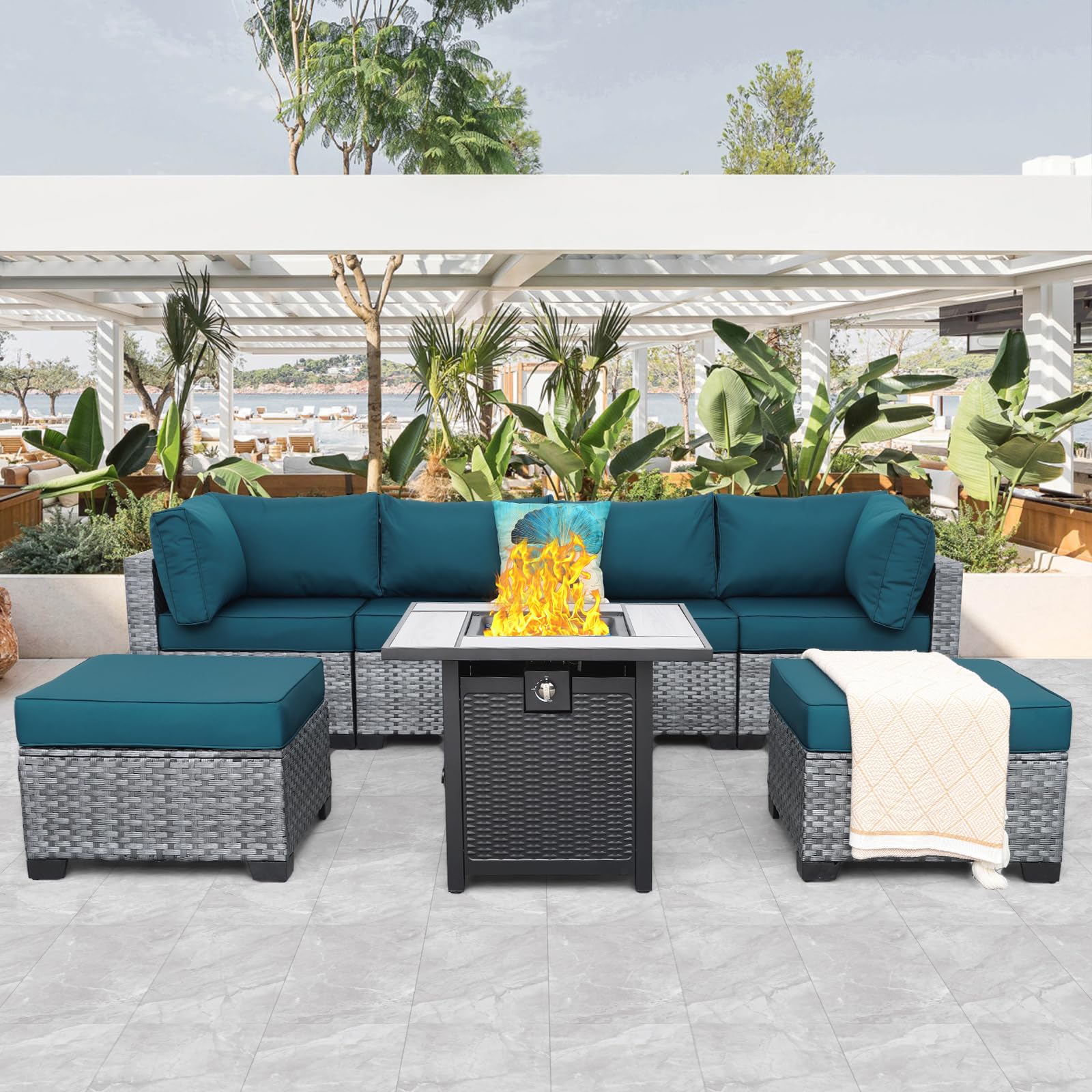 Amazon.com: WAROOM Patio Furniture Set 7 Pieces Gray Rattan Outdoor ...
