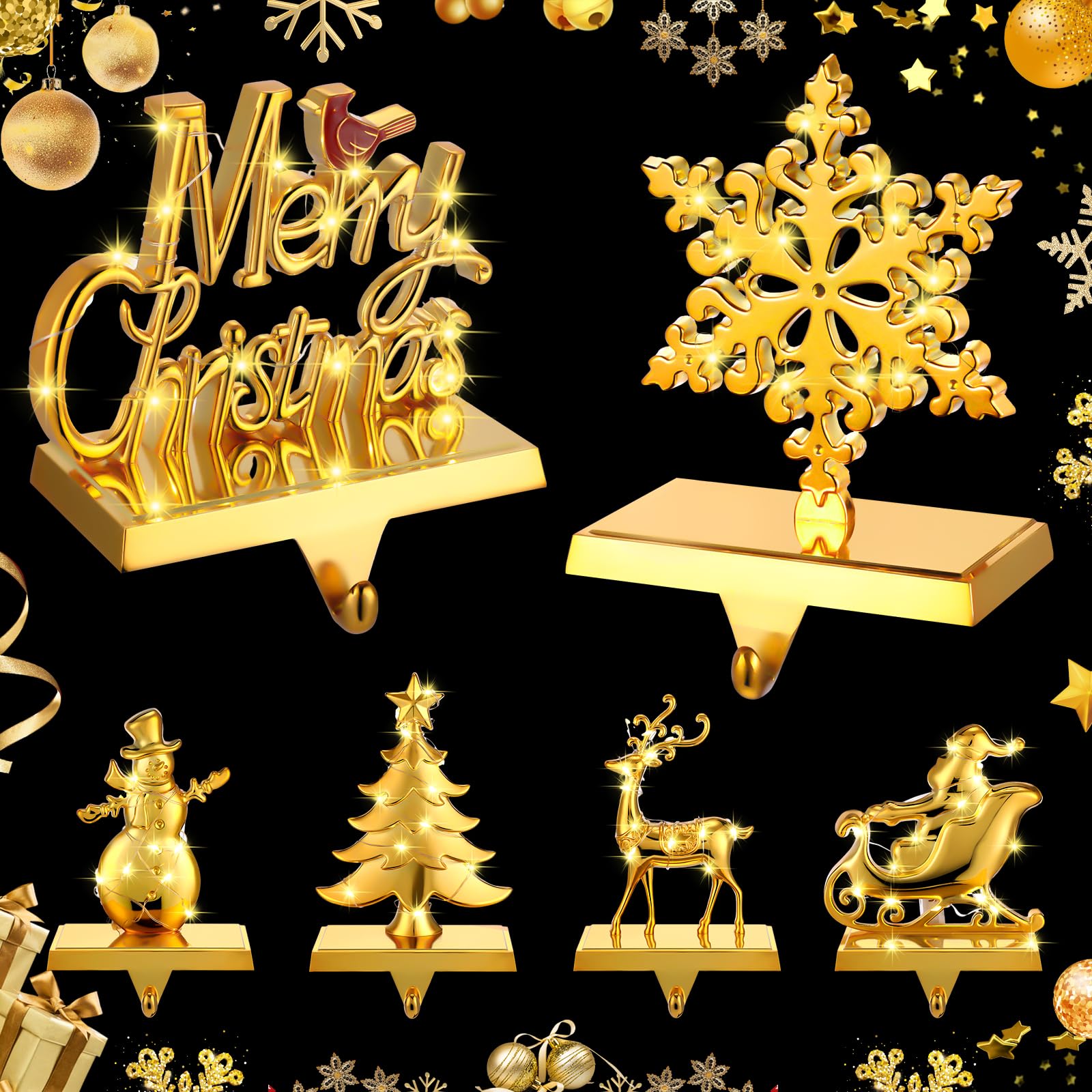 Suzile 6 Pcs Christmas Stocking Holders for Mantle with 6 Pcs LED Fairy ...