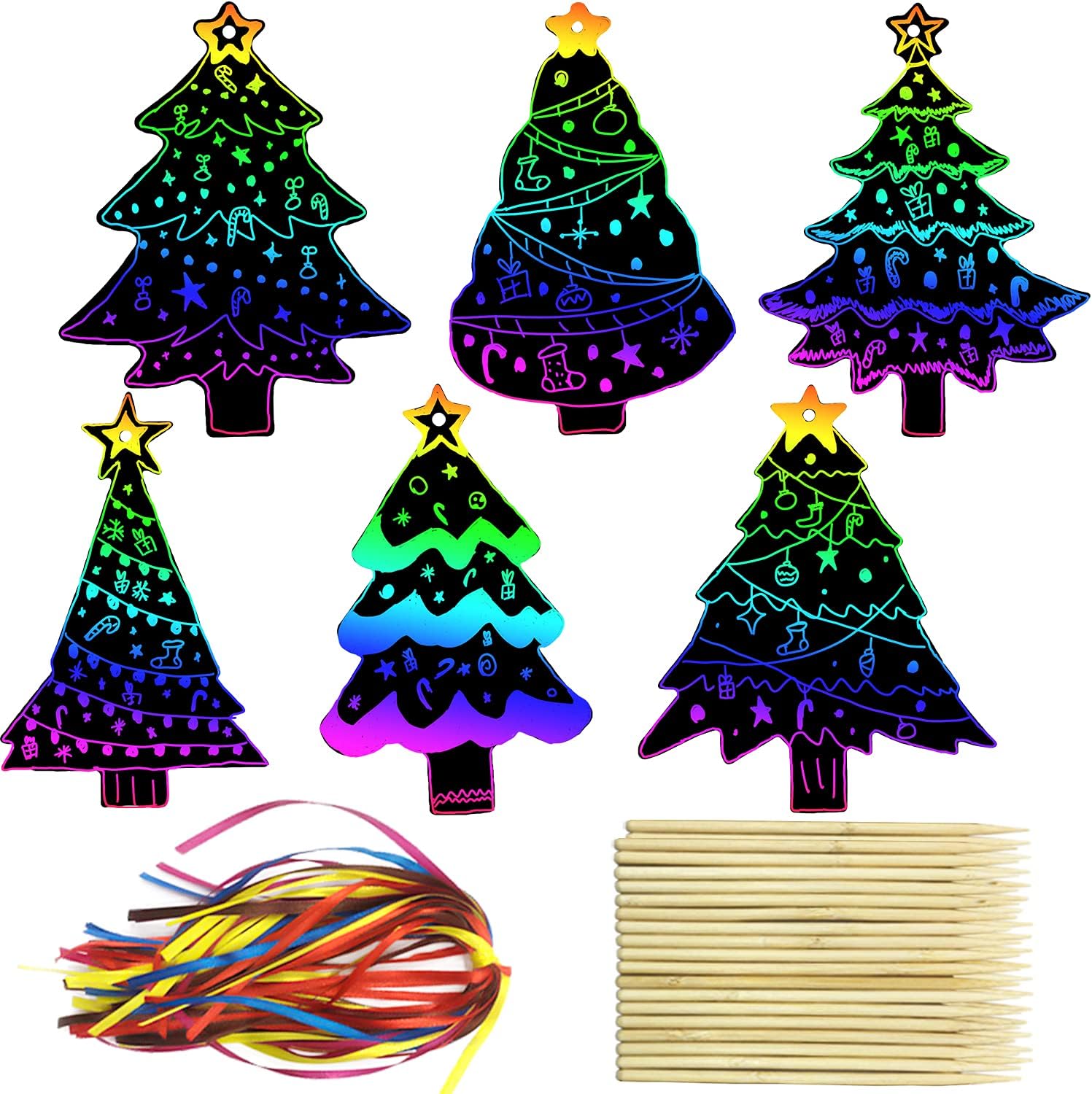 Amazon.com: PARSUP 72Pcs Christmas Tree Scratch Paper Rainbow Color ...