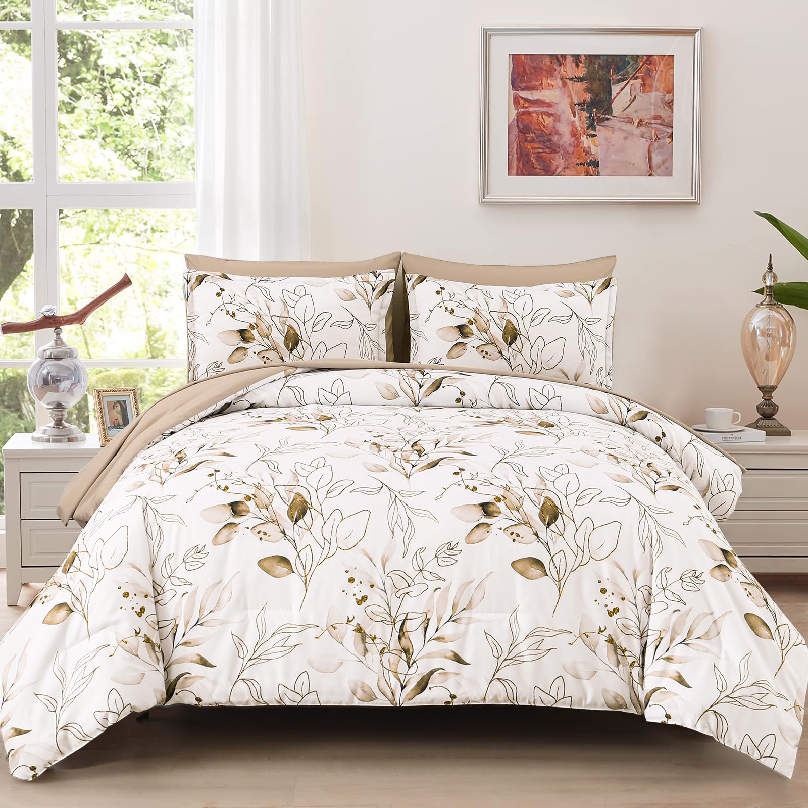 Amazon.com: WONGS BEDDING Brown Comforter Set Queen, 7 Pieces Botanical ...