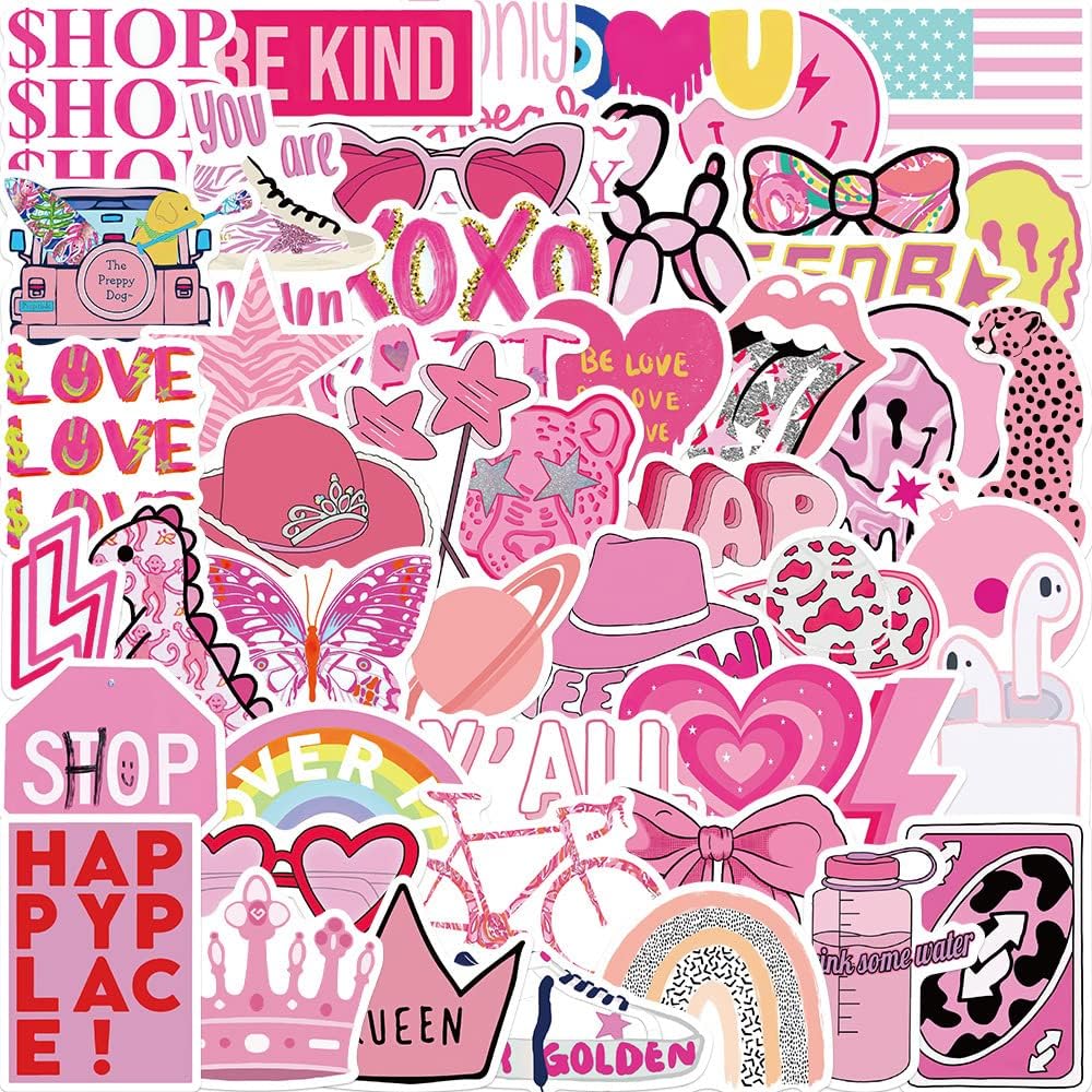 Amazon.com: Preppy Vinyl Stickers Pack, 200 Pieces, Pink Aesthetic ...