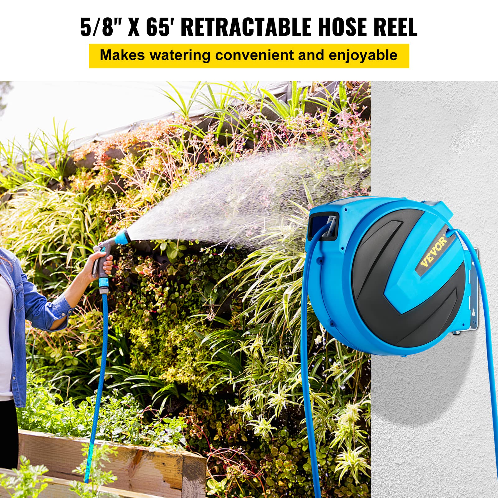 VEVOR Retractable Hose Reel, 5/8 inch x 65 ft, Any Length Lock ...