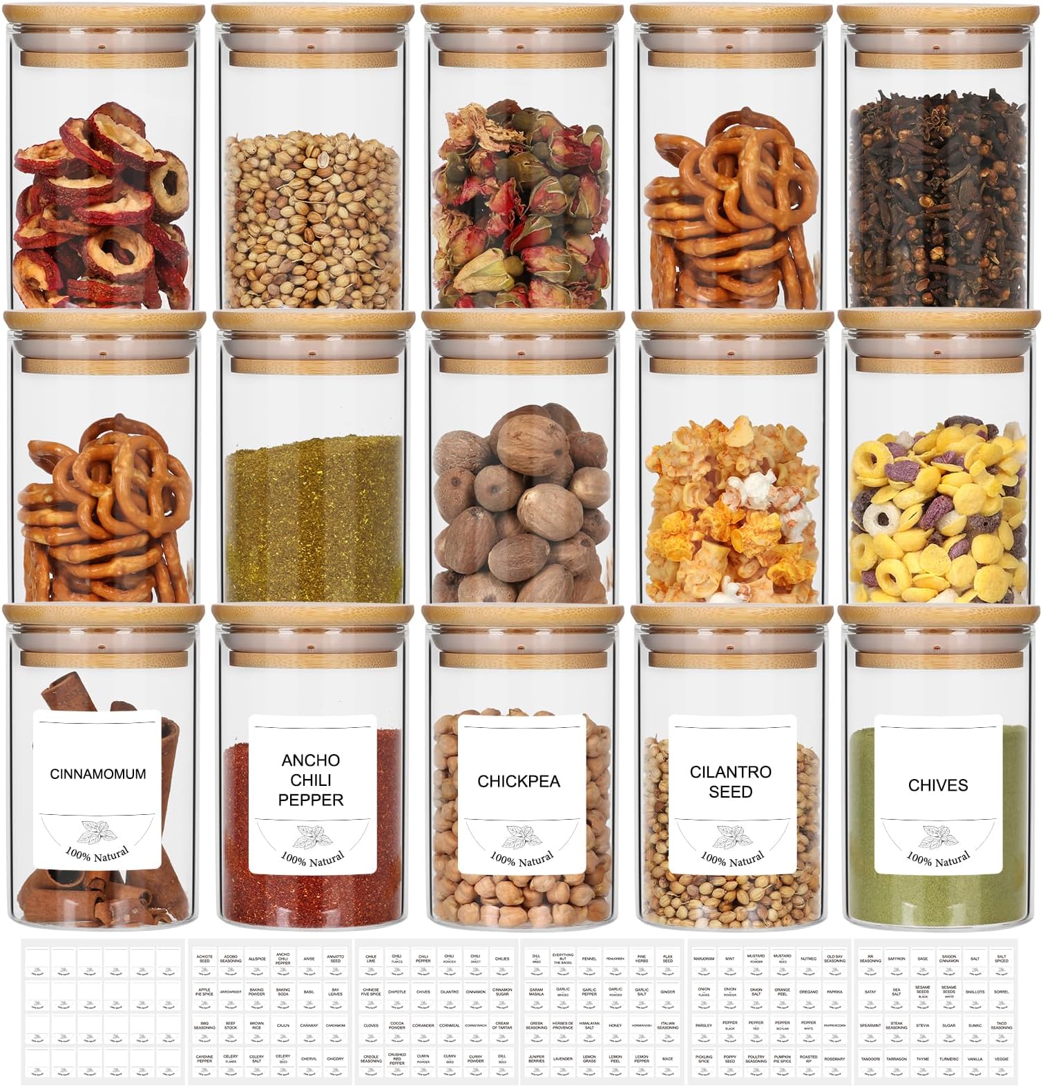 Amazon.com: 12 Natural Bamboo Spice Jars - 8.5oz Large Spice Jars with ...