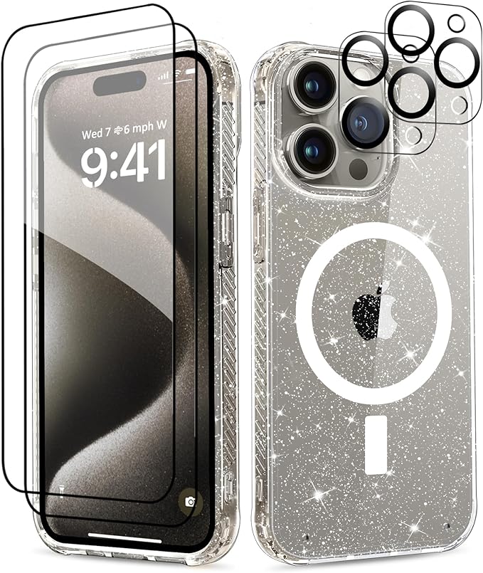 Amazon.com: MIODIK Compatible with iPhone 15 Pro Case Magnetic Clear Glitter, with 2X Screen ...