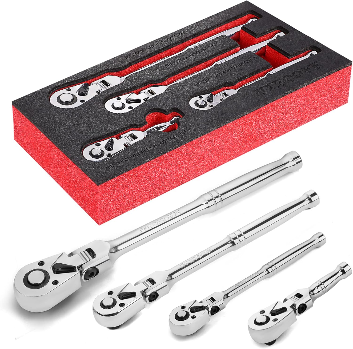 UYECOVE 1/2 3/8 1/4 Inch Drive Ratchet Set, 4Pcs Flex Head Ratchet Set ...