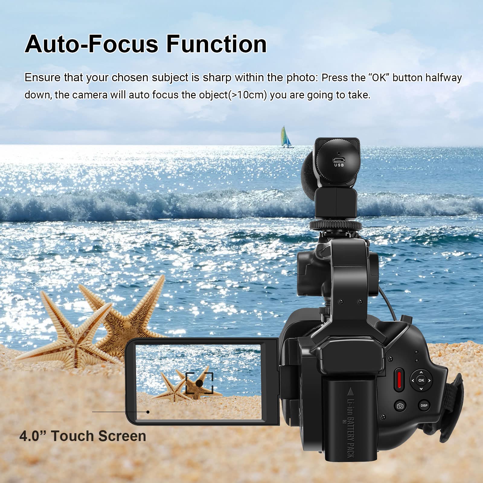 Video Camera Camcorder 4K 64MP 60FPS,HD Auto Focus Vlogging 4.0" Touch ...