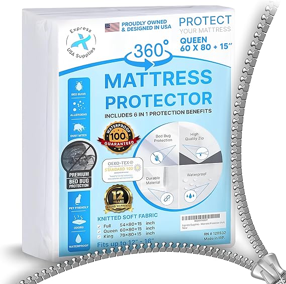 Amazon.com: Queen Mattress Protector Zippered | 100% Waterproof ...