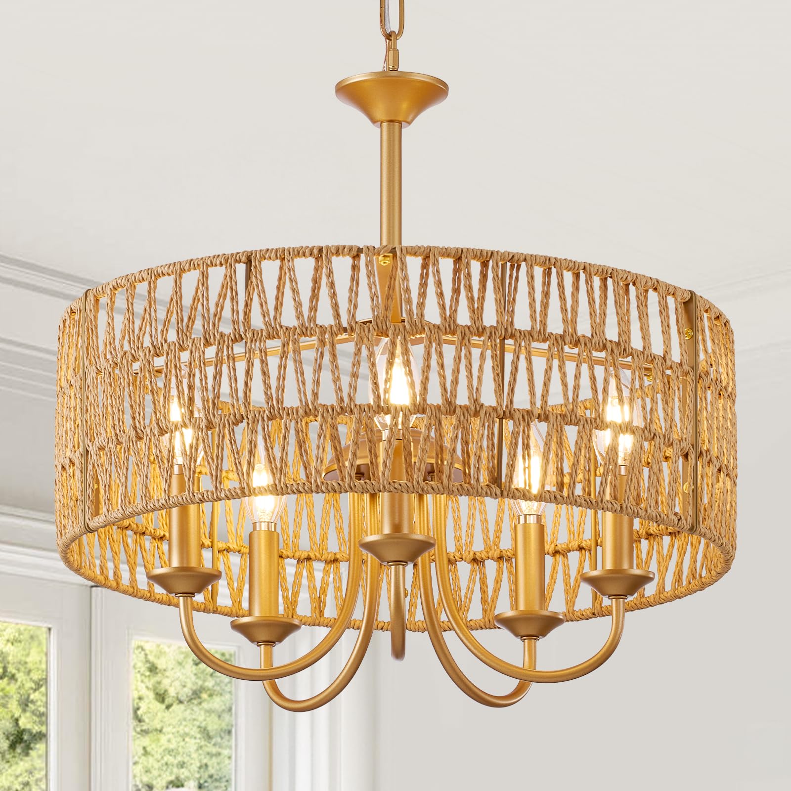 5-Light Boho Large Rattan Chandelier Light Fixture, Gold Rattan ...