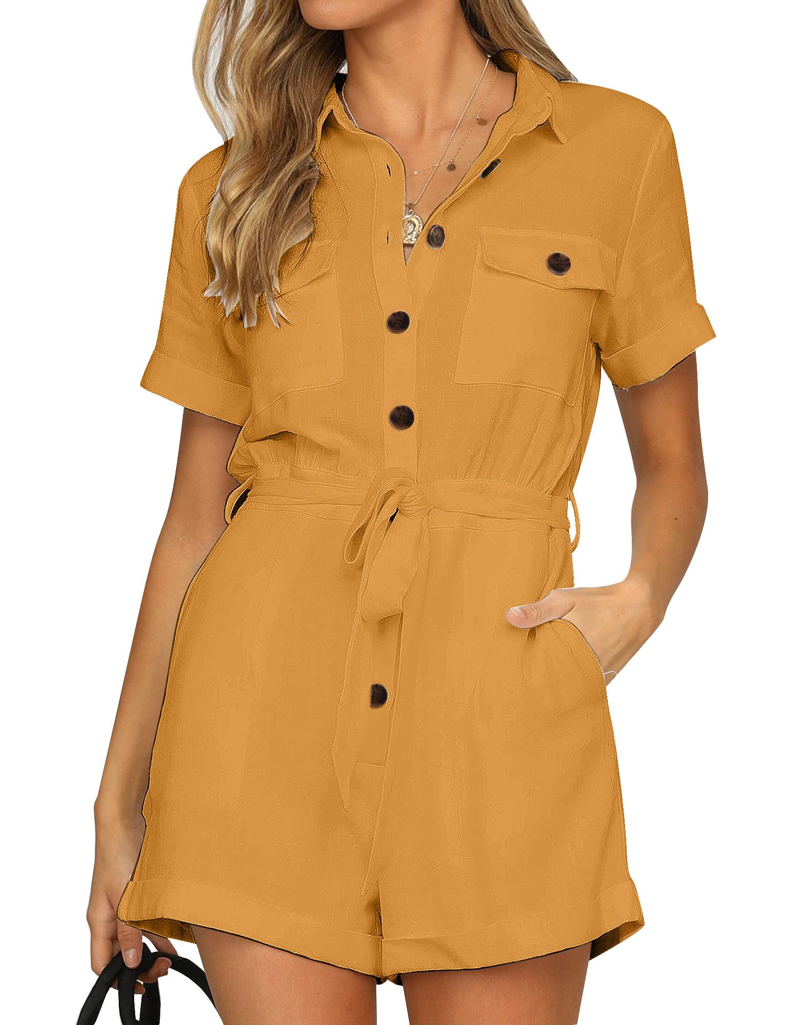 GRAPENT Women's Sunflower Summer Button Down 100% Cotton Rompers Casual ...
