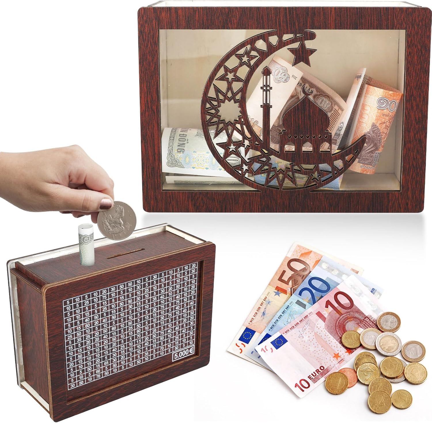 Amazon.com: DJAPWPX Adult Piggy Bank Wood Money Box with 5000 Euro ...