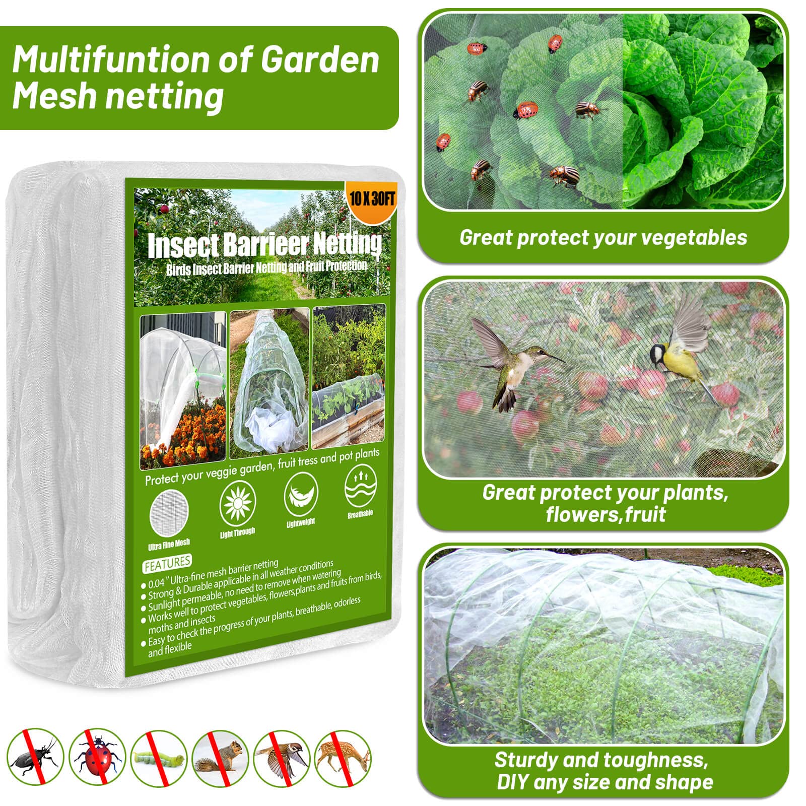 Cludoo 63pcs Garden Mesh Netting Kit,10x30 ft Plant Covers Garden Netting with 6 Sets Garden ...