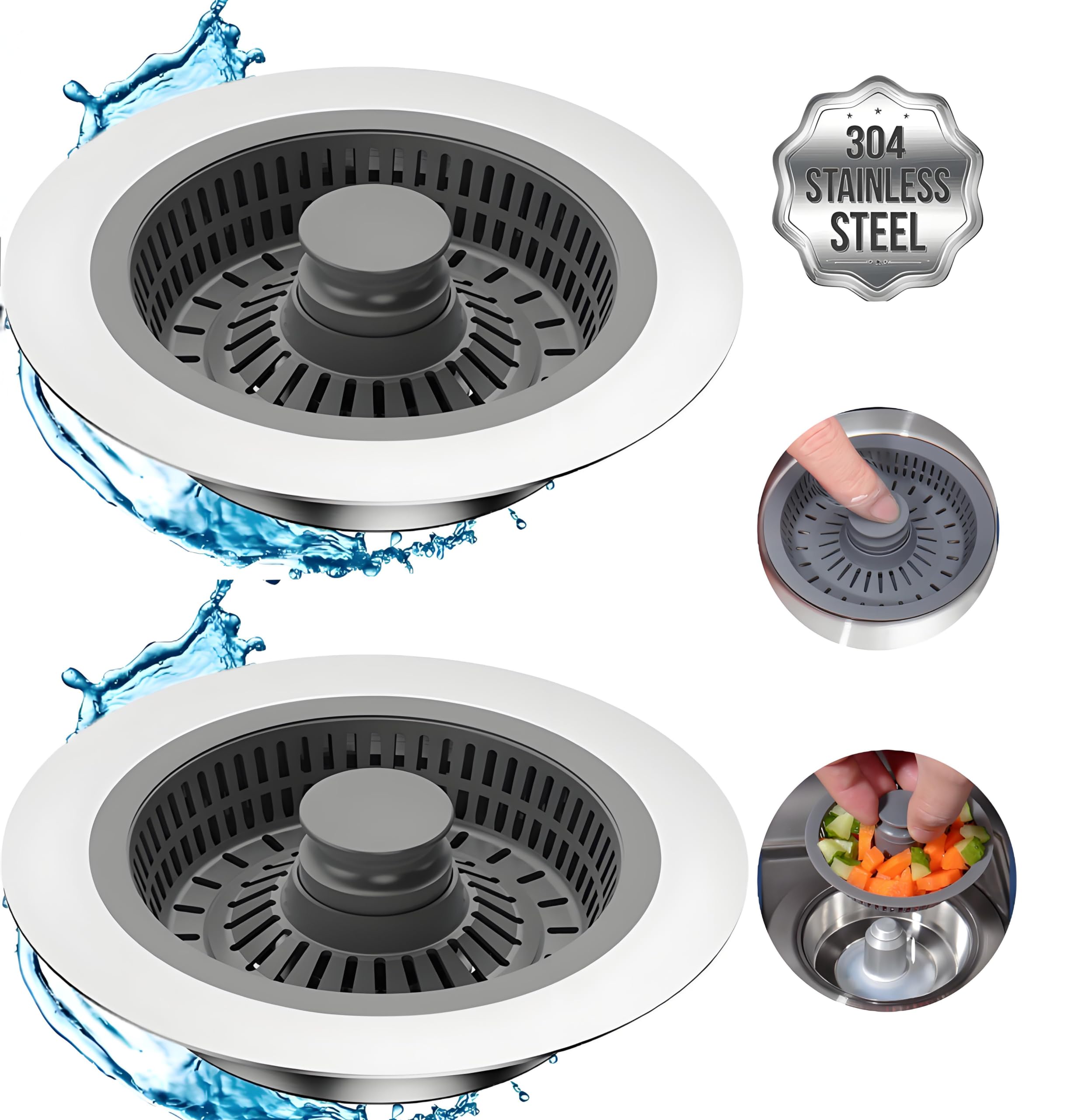 Kitchen Sink Drain Strainer 2 Pack, 3 in 1 Pop-up Stainless Steel Sink ...