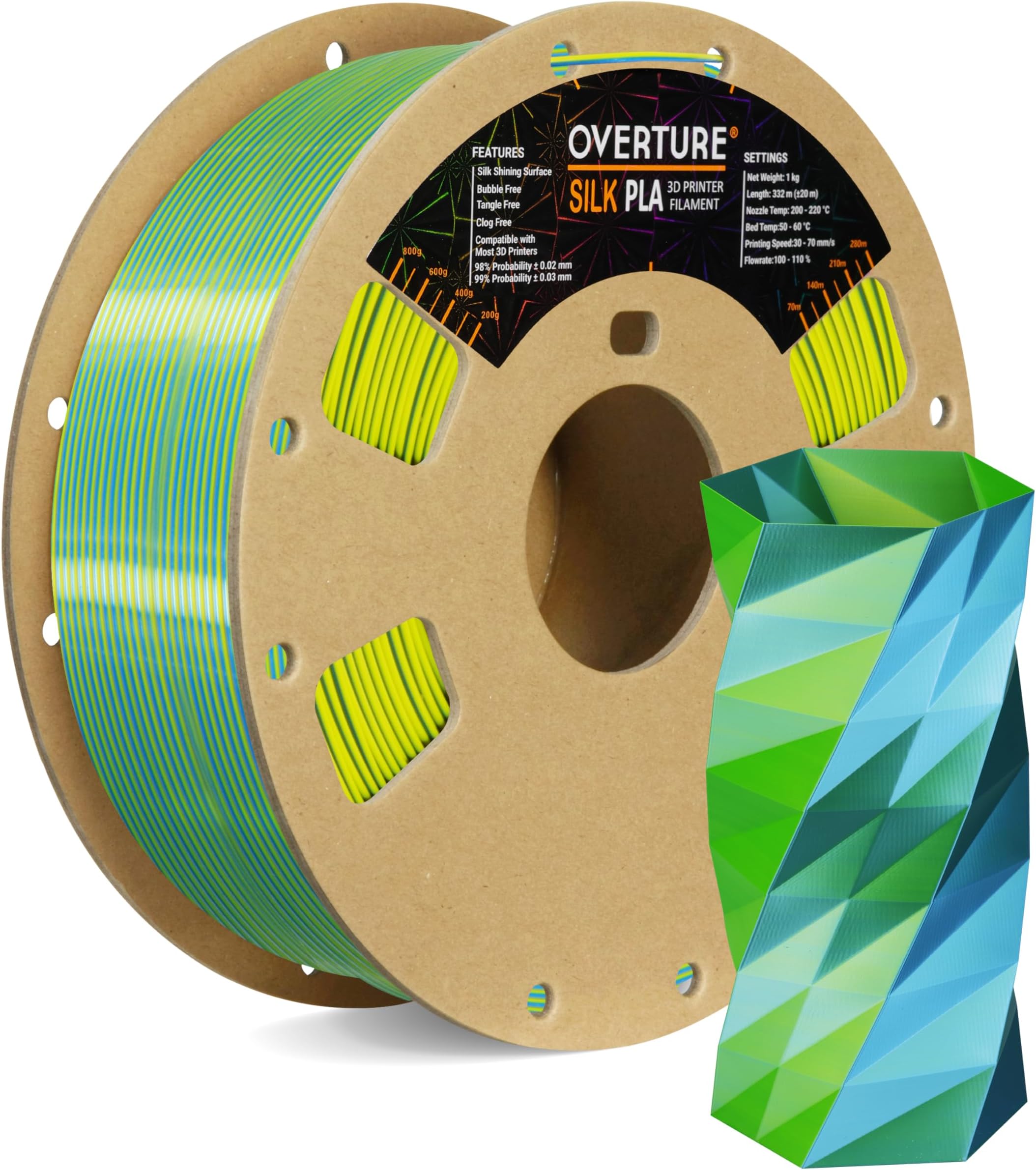 Amazon.com: OVERTURE Silk PLA 1.75mm Dual Color Filament, Clog-Free ...