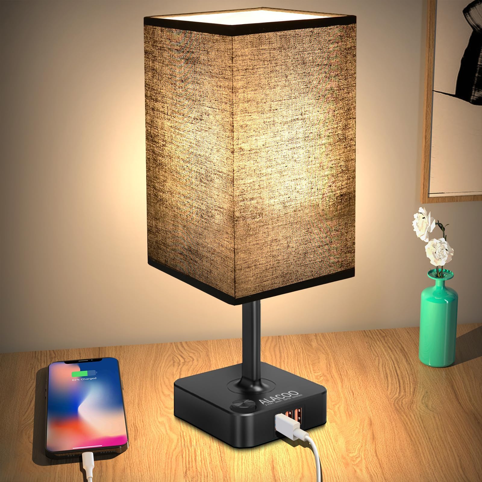 Aooshine USB Table Lamp with 2 Useful USB Ports, USB Bedside Lamp ...