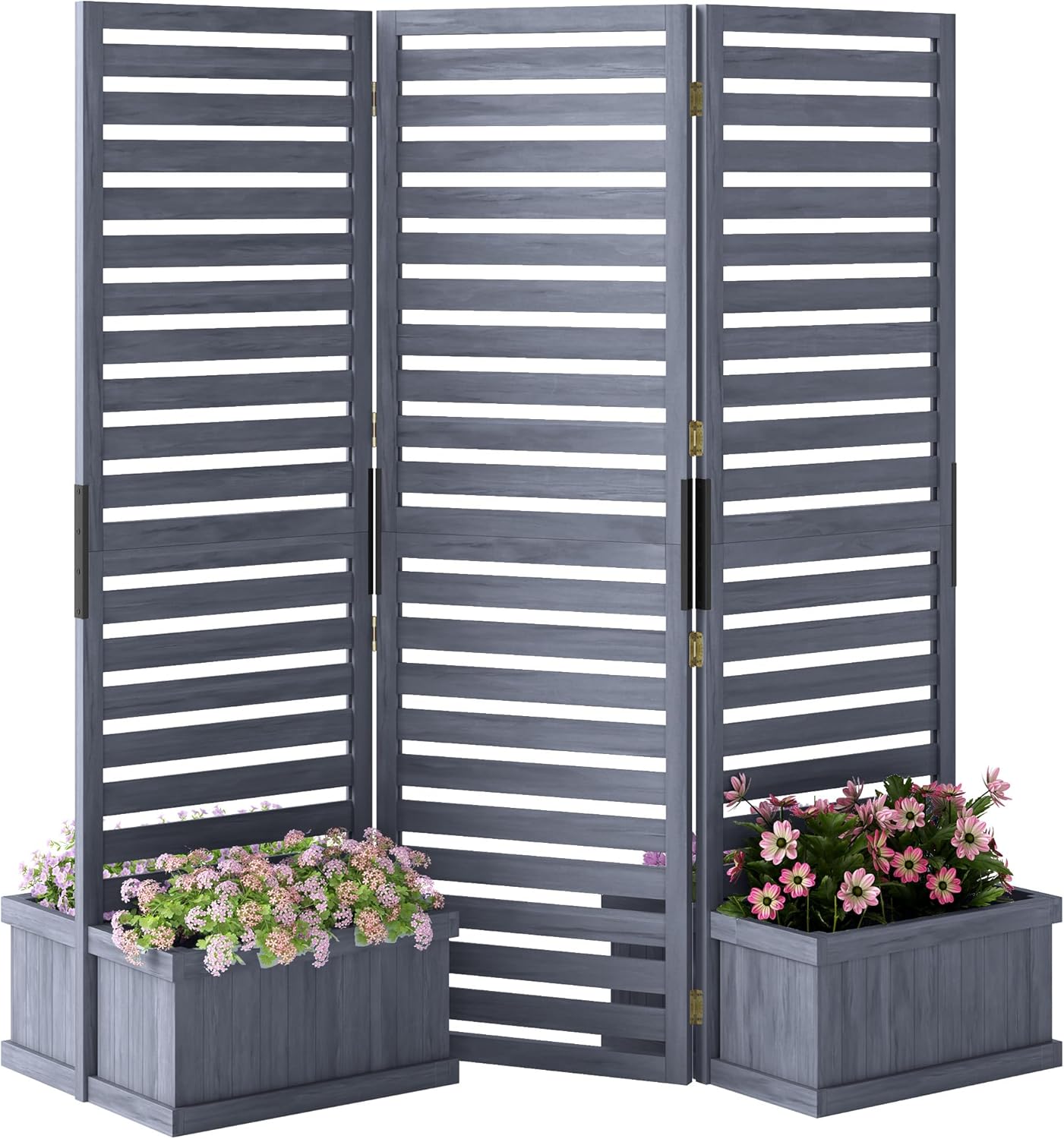 Outsunny Freestanding Outdoor Privacy Screen, 4 Self-Draining Planters/Raised Garden Beds, 3 ...