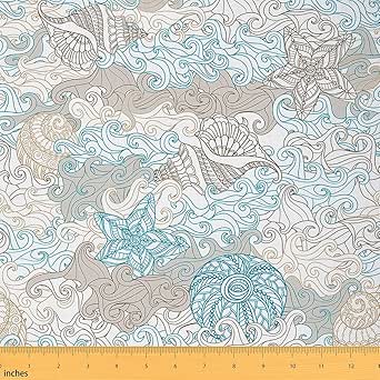 Amazon.com: Shell Fabric by The Yard, Ocean Waves Upholstery Fabric ...