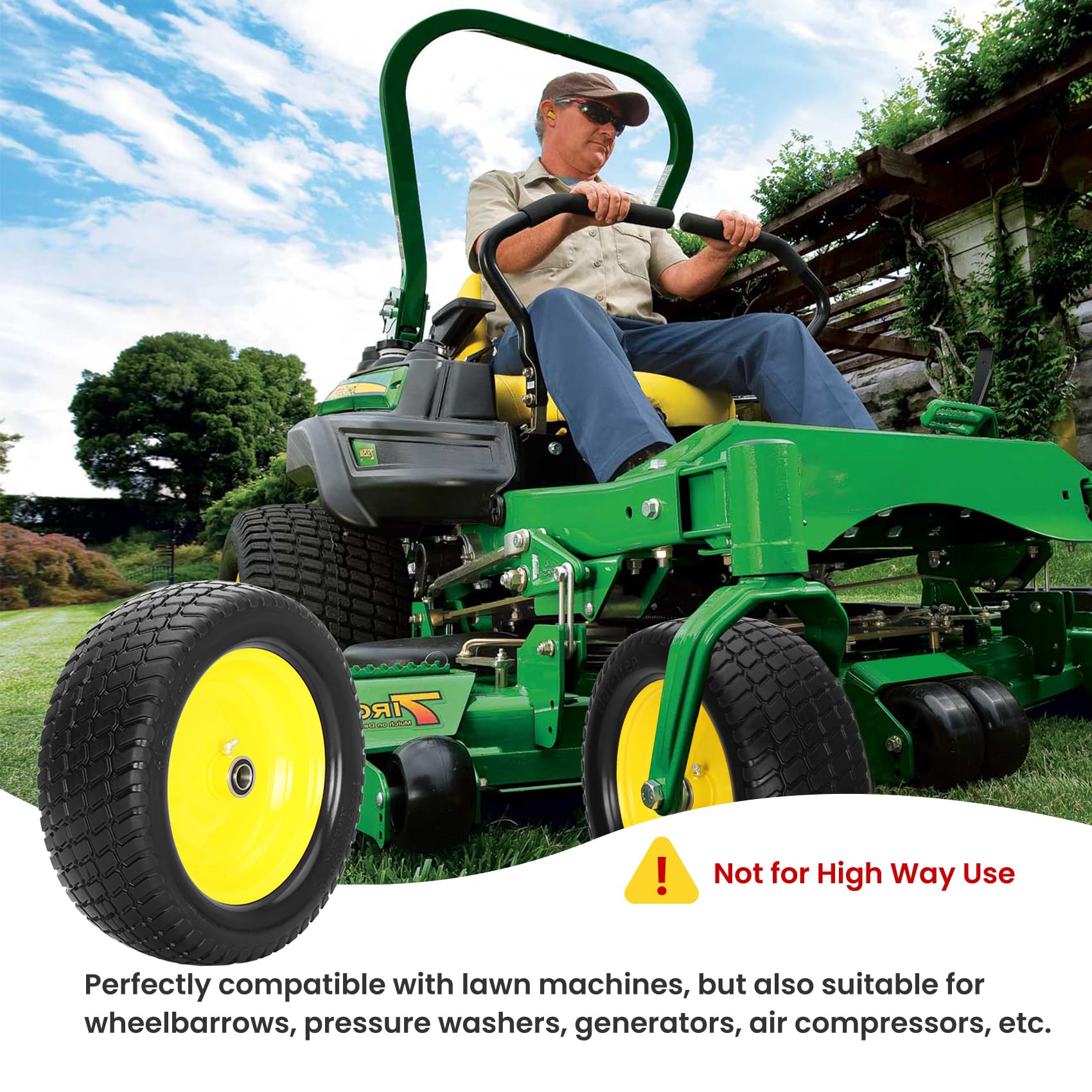 Upgrade 16x6.50-8 Flat Free Lawn Mower Tires and Wheels with 3/4" & 5/8 ...