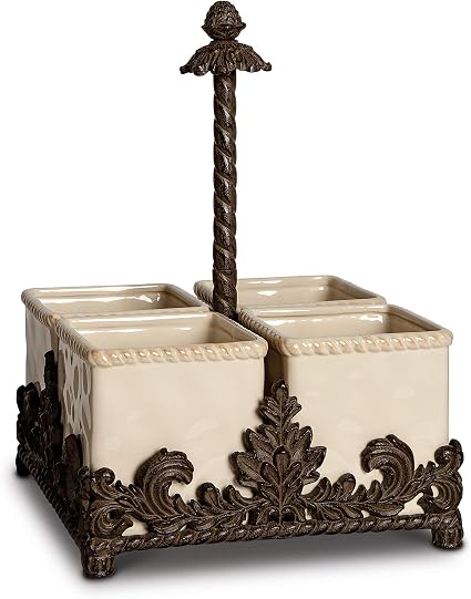 Amazon.com: Cream Ceramic Flatware Caddy With Acanthus Leaf Metal ...