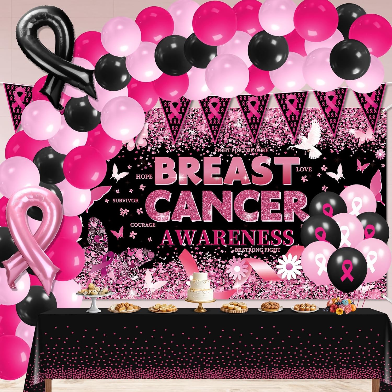 Amazon.com: Breast Cancer Awareness Decorations Black Pink Ribbon ...