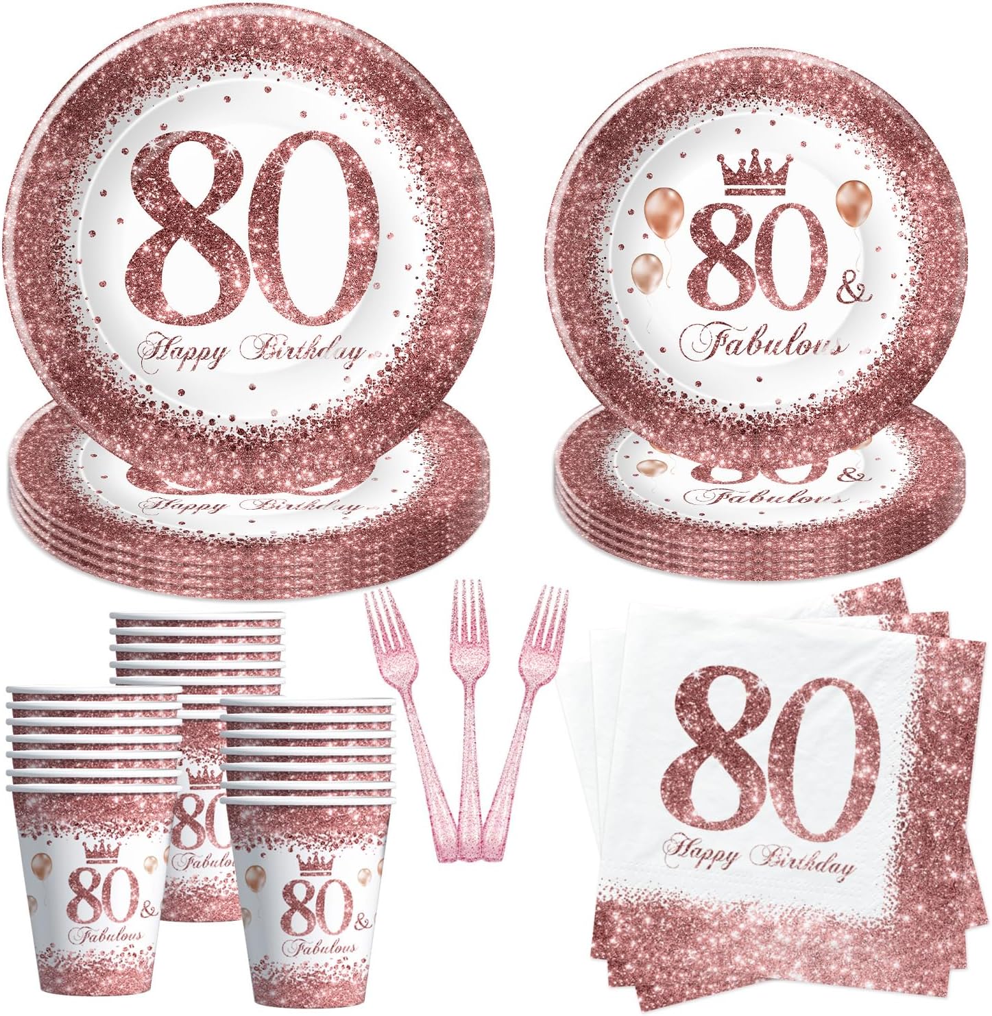 Amazon.com: Xigejob Rose Gold 80th Birthday Decorations Women Tableware ...